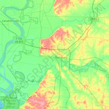 Topografische kaart Dyer County, hoogte, reliëf