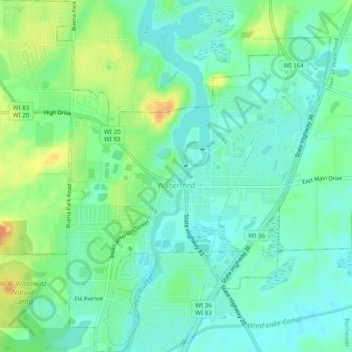 Topografische kaart Waterford, hoogte, reliëf