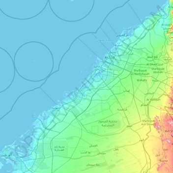 Topografische kaart Dubai, hoogte, reliëf