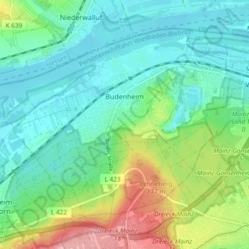 Topografische kaart Budenheim, hoogte, reliëf