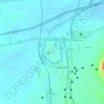 Topografische kaart Vellore Fort, hoogte, reliëf